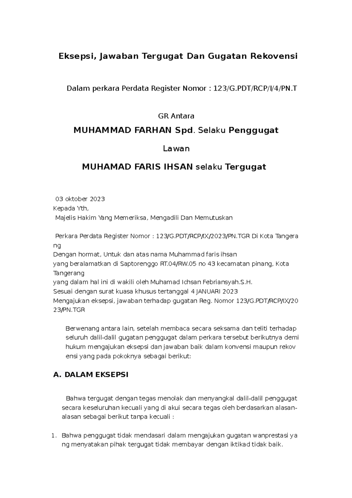 Eksepsi dan Jawaban Tergugat dalam Perkara Rekovensi No. 123/G.PDT/RCP ...