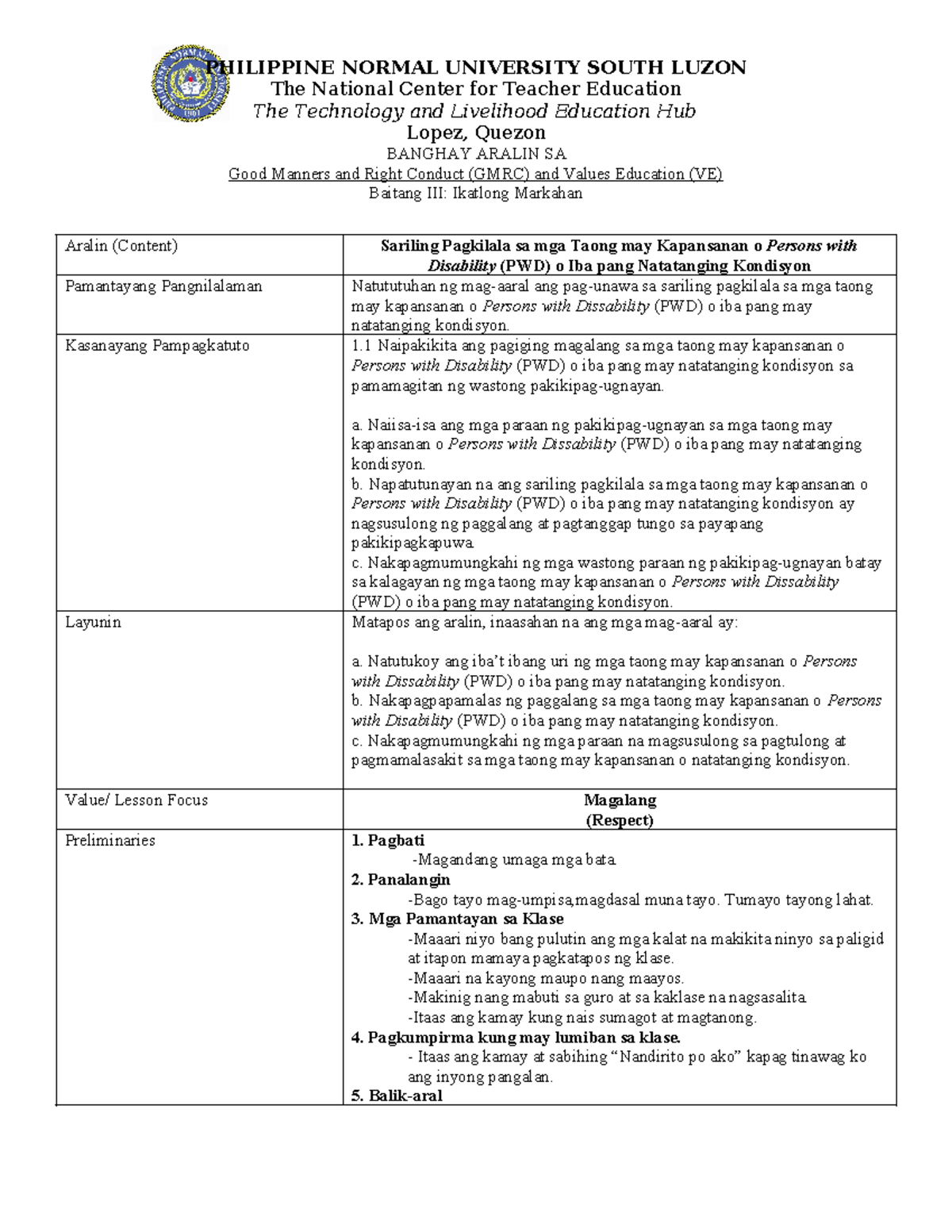 Lesson Plan on Good Manners and Respect for PWD (ESP 3) - Studocu