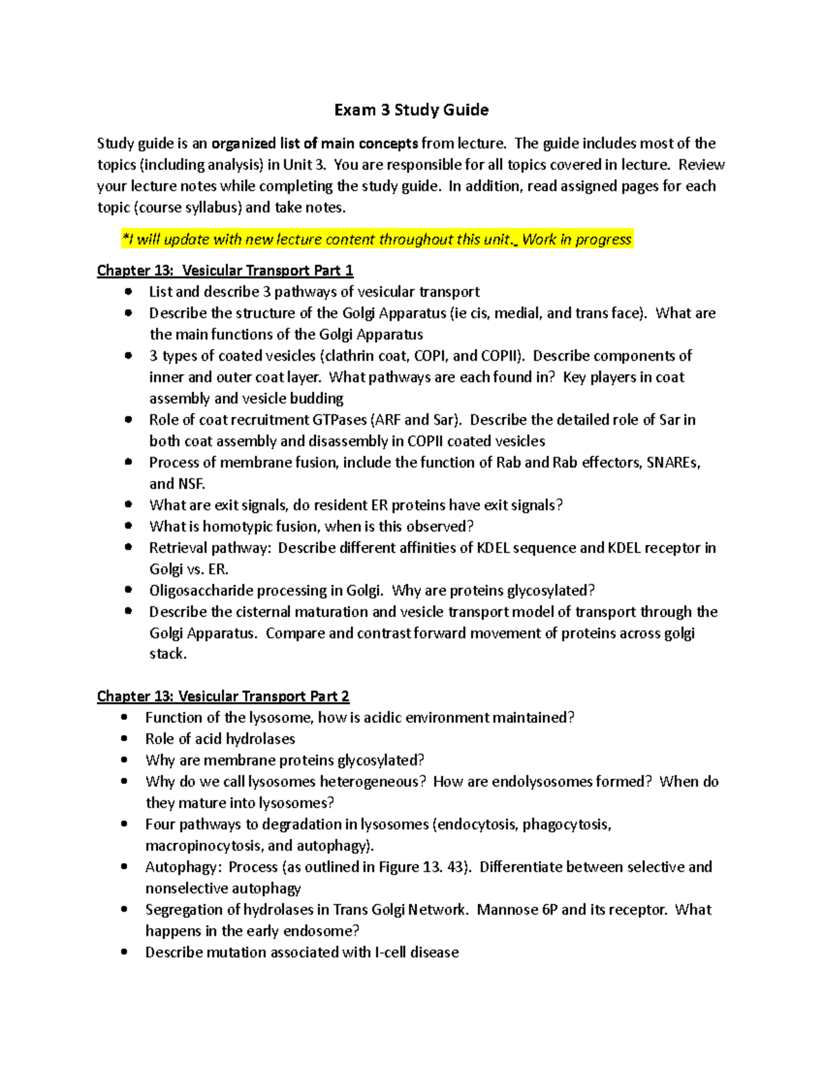 Unit 3 Study Guide for Exam 3 - Fa23: Vesicular Transport Insights ...