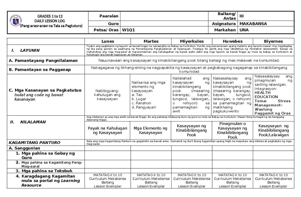 Makabansa DLL W1Q1: Daily Lesson Log for Grades 1-12 in Pagtuturo - Studocu