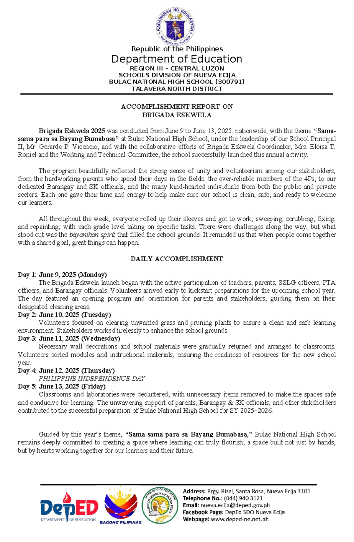 Brigada Eskwela Accomplishment Report 2025 - Bulac NHS (300791) - Studocu