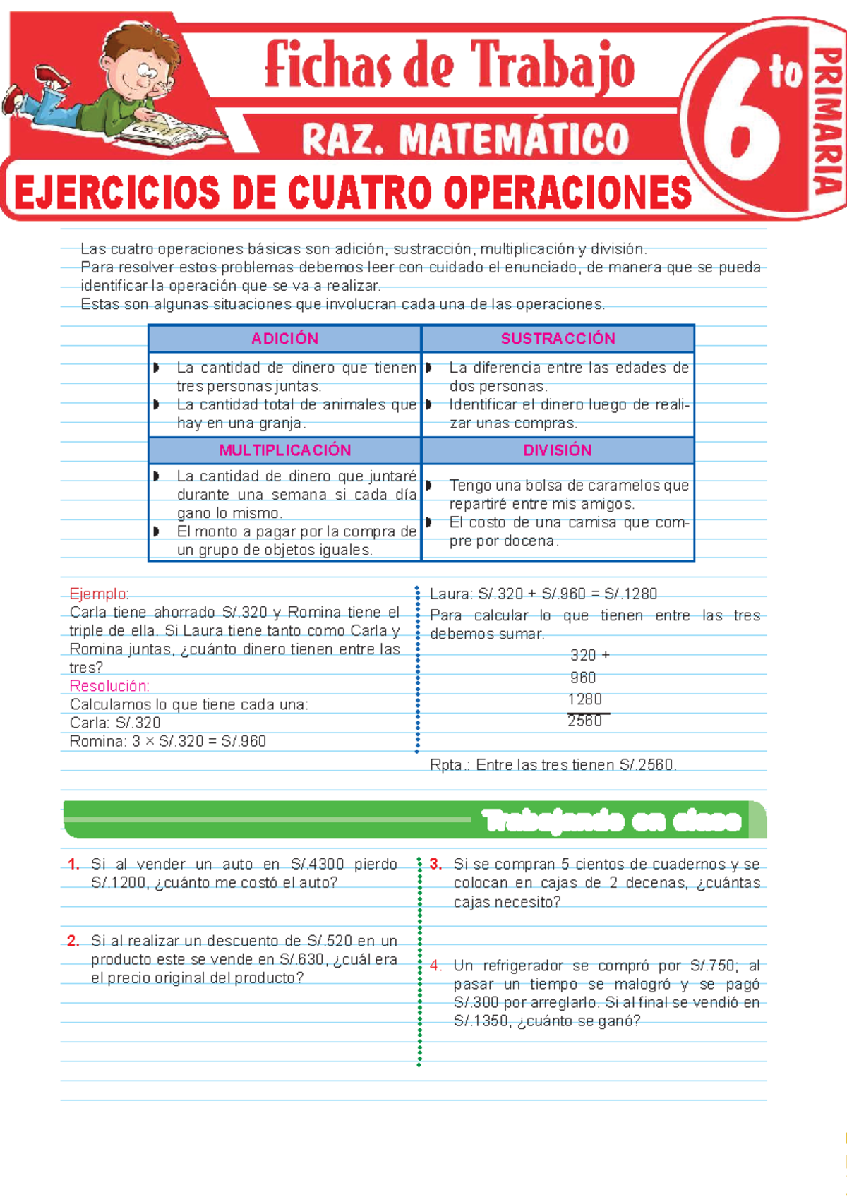 Ejercicios de cuatro operaciones para Sexto Grado de Primaria - Las ...