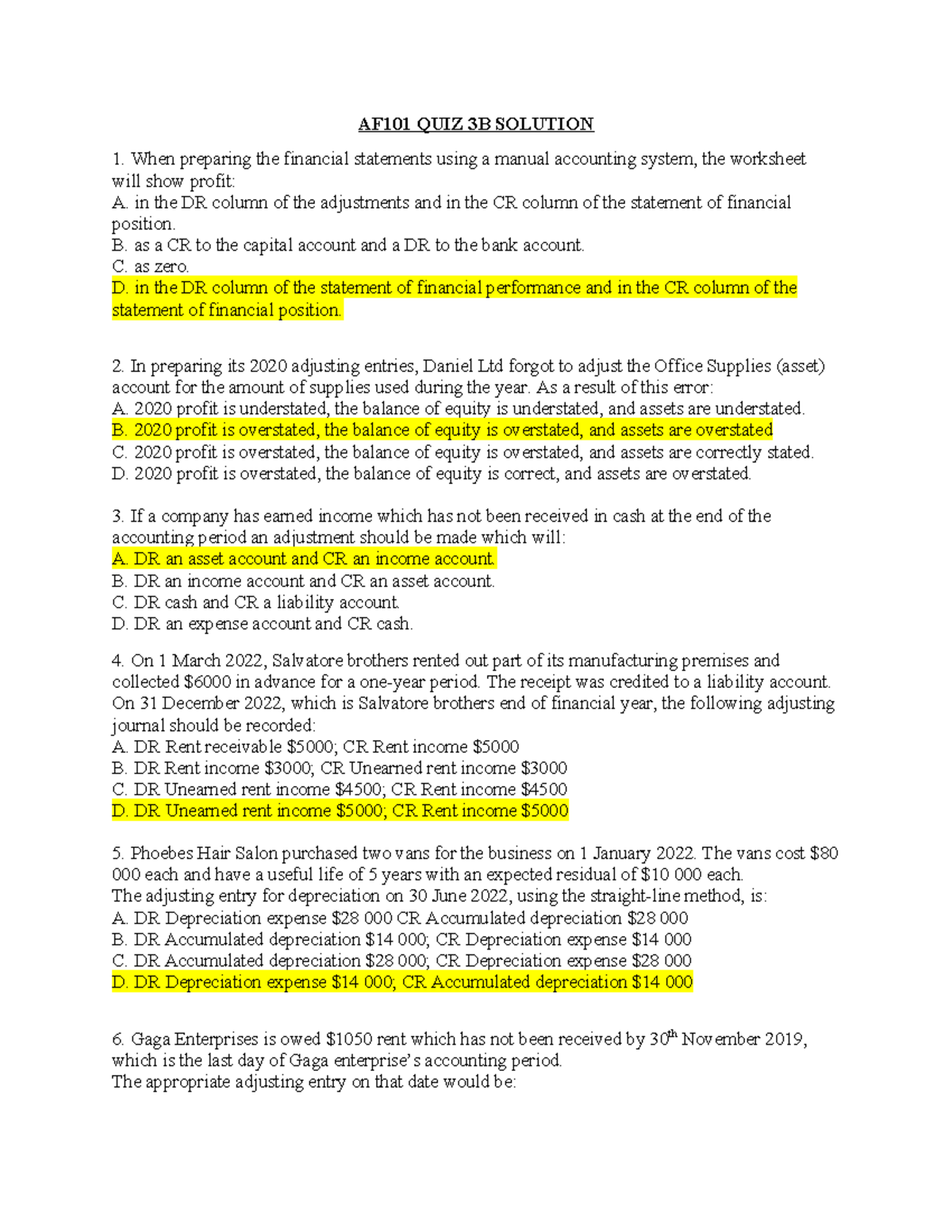 AF101 QUIZ 3B Solutions: Financial Statements & Adjusting Entries - Studocu