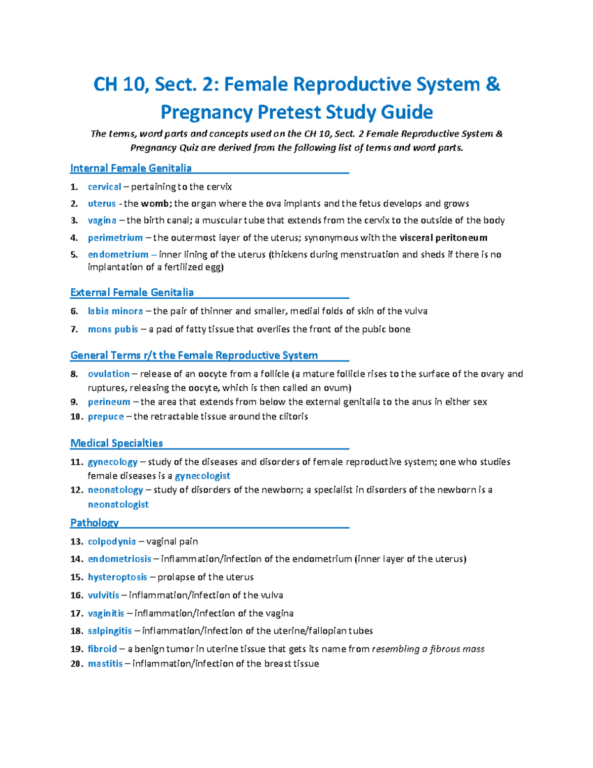 CH 10 Sec 2: Female Reproductive System & Pregnancy Pretest Study Guide ...