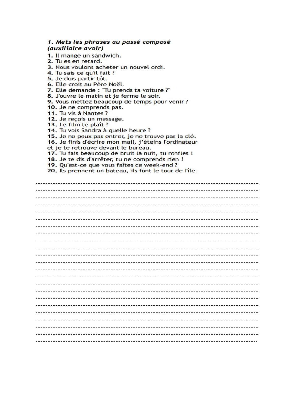 1. Exercice: Phrases au Passé Composé (Avoir) - TG - Studocu