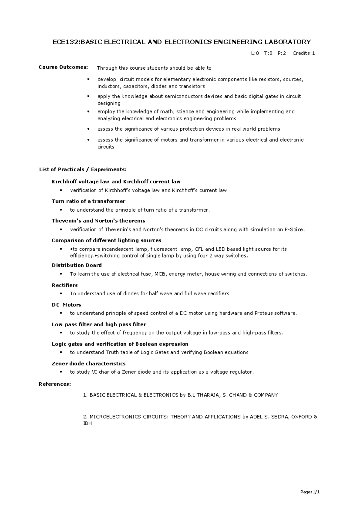 ECE132 Basic Electrical & Electronics Engineering Lab Syllabus - Studocu