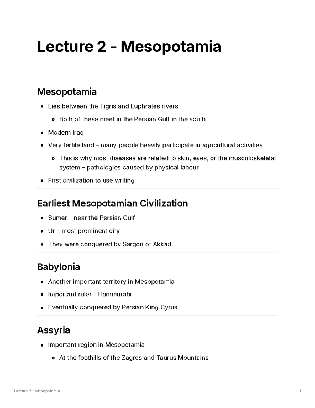 Lecture 2B Notes: Mesopotamia - Agriculture, Religion, and Medicine ...