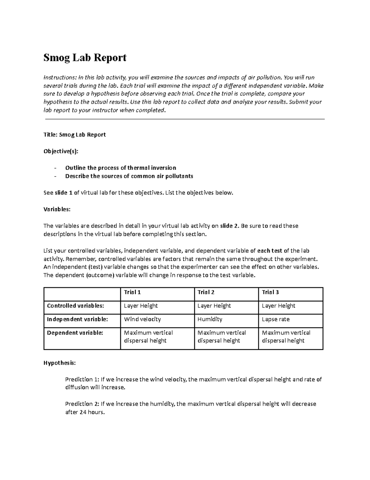 Smog Lab Report: Analyzing Air Pollution Variables and Effects - Studocu