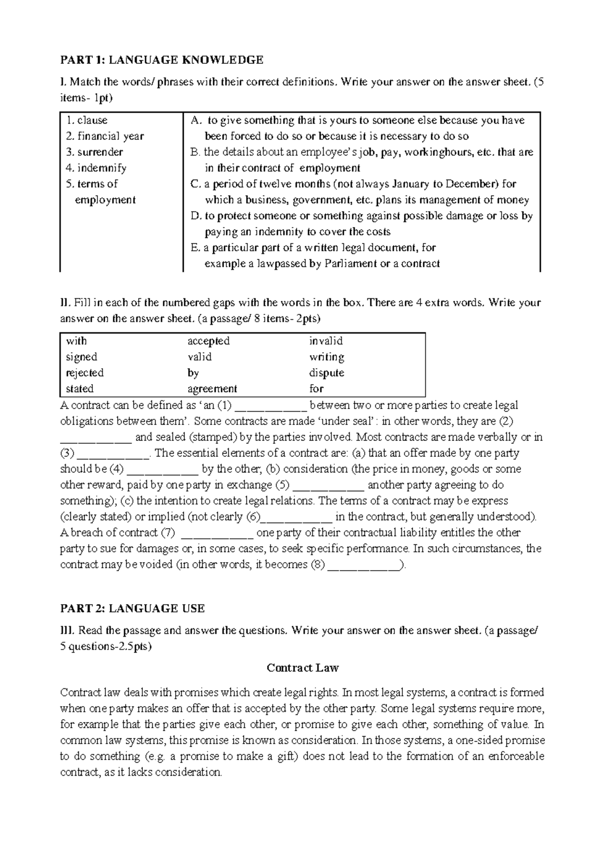 LANGUAGE KNOWLEDGE I & II: Contract Law Definitions & Exercises - Studocu