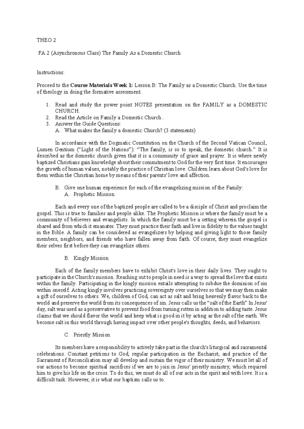 THY 2 - Family as a Domestic Church: Lesson on Roles & Missions - Studocu