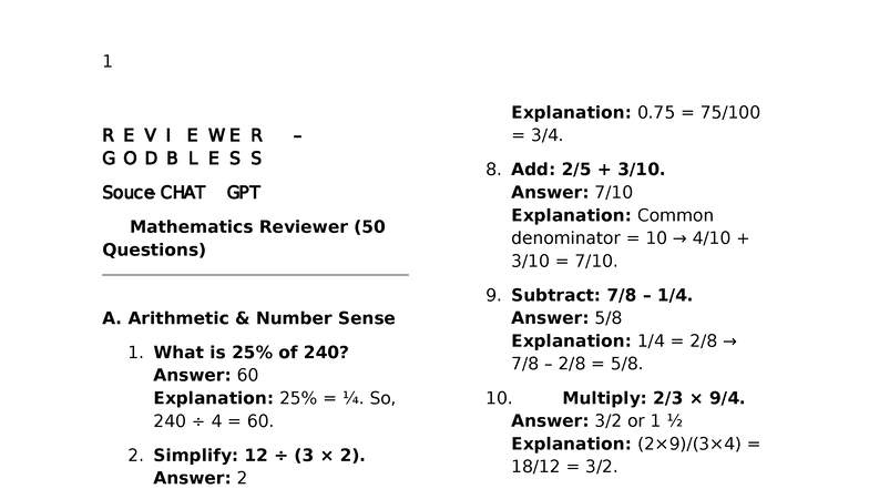 Mathematics Reviewer (50 Questions) for SHOLARSHIP Course - Studocu