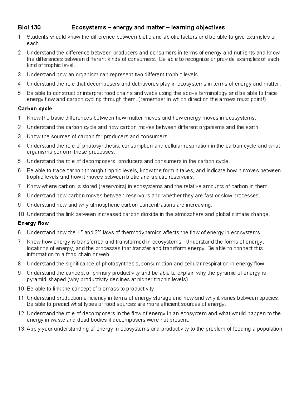Biol 130: Learning Objectives for Ecosystems, Energy Flow & Carbon ...
