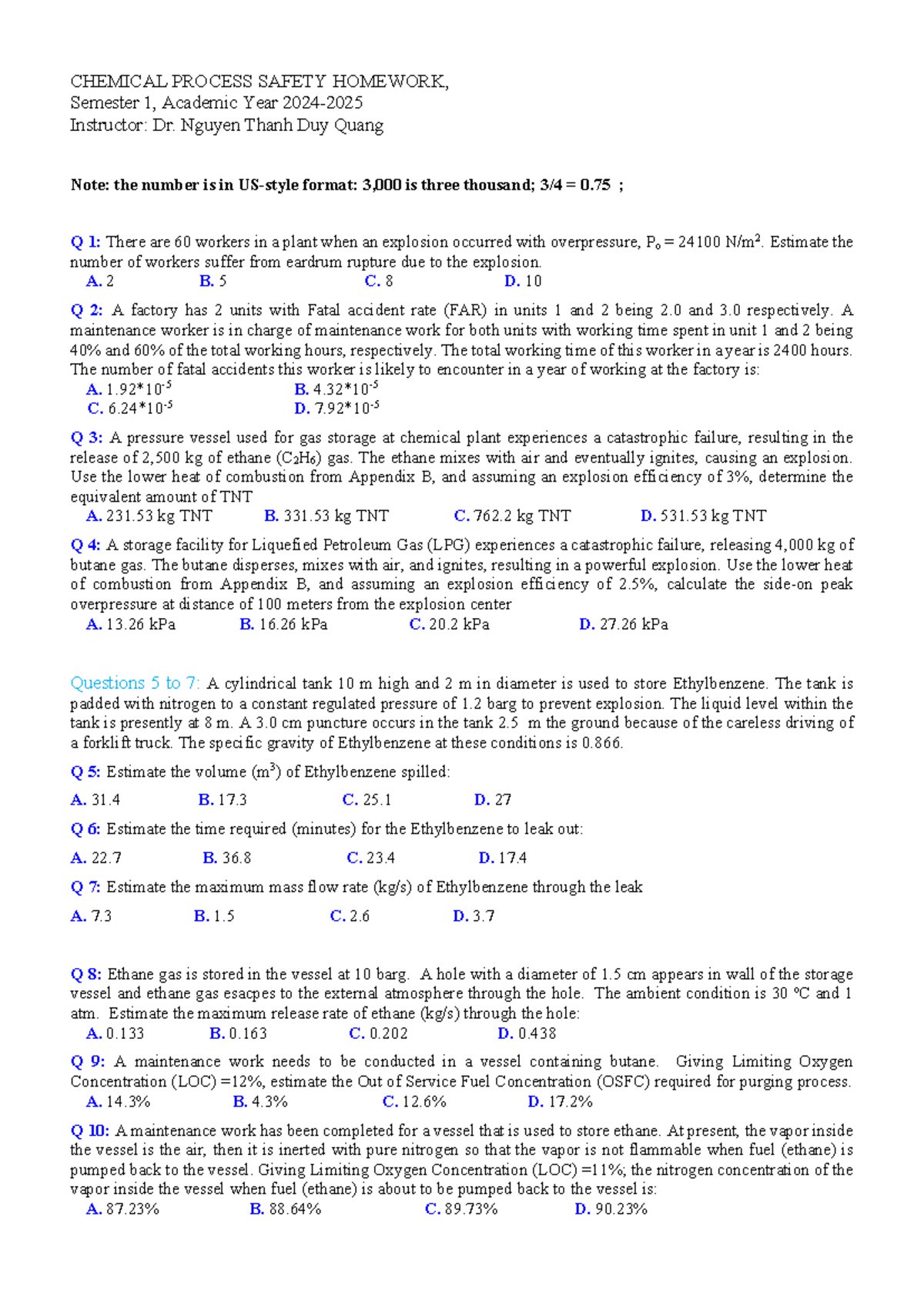 Chemical Process Safety Homework HK241: Semester 1 Questions and ...
