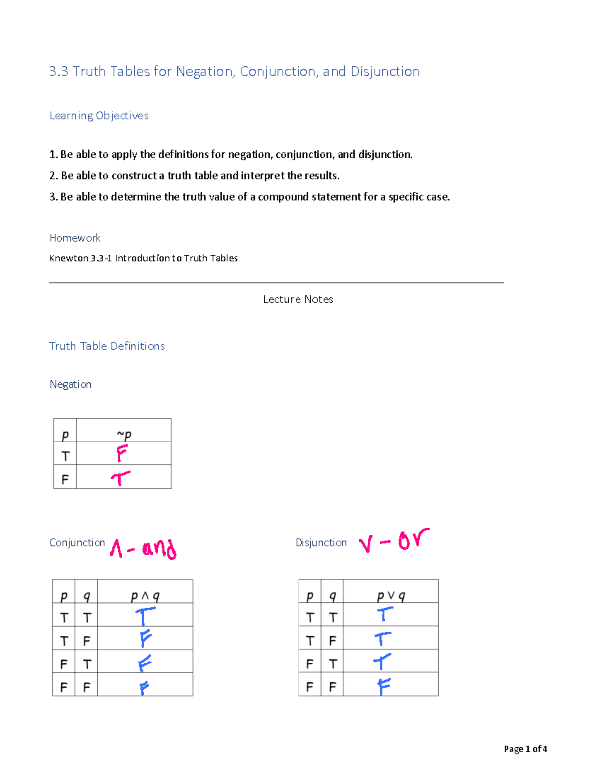 3 - truth tables for negotiation, conjunction, and disjunction - 3 ...