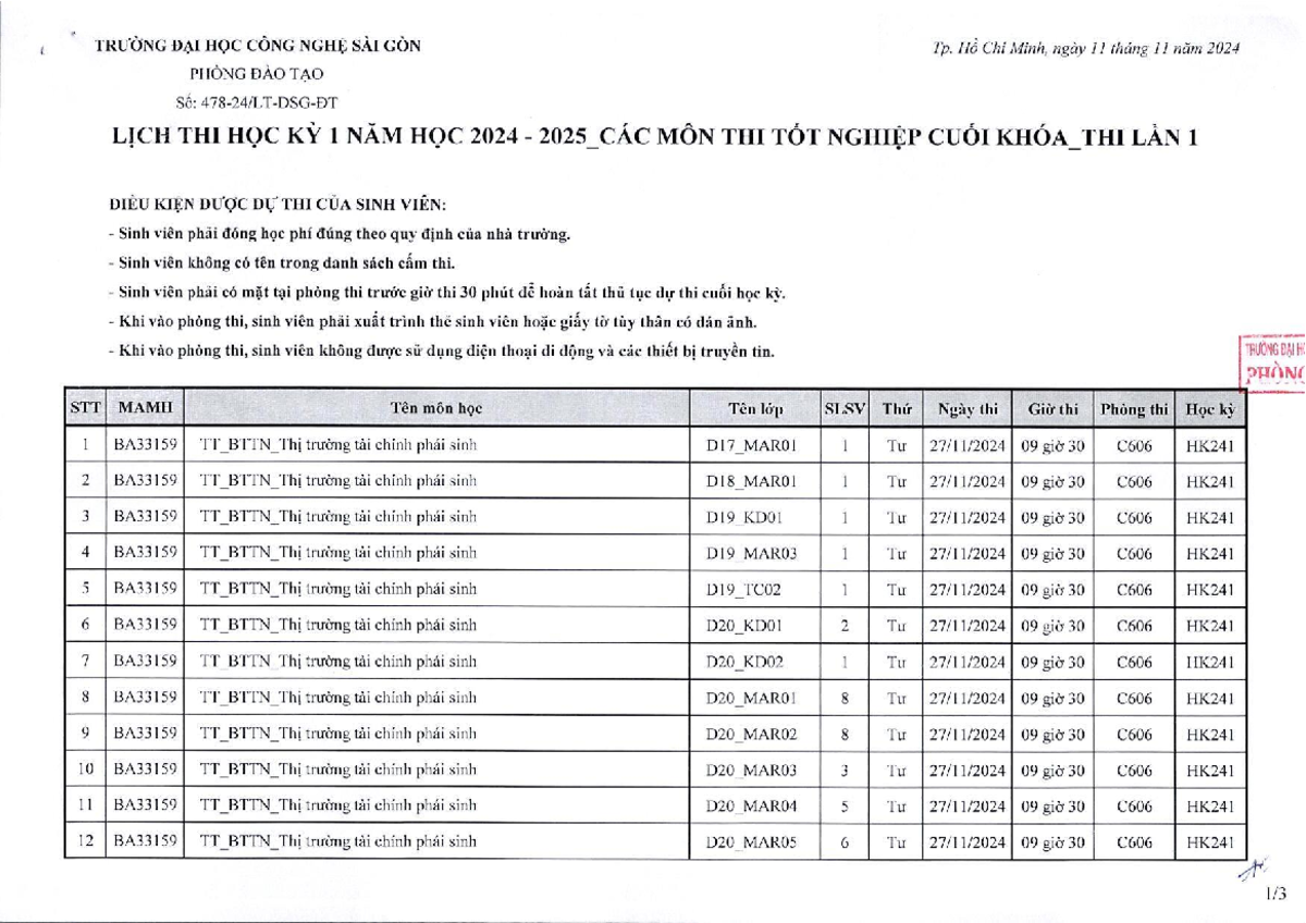 LICH THI HK1 2024-2025 CAC MON TOT Nghiep CUOI KHOA THI LAN 1 - TRUONG DAI HQC CONG NGHE SAI GON ...