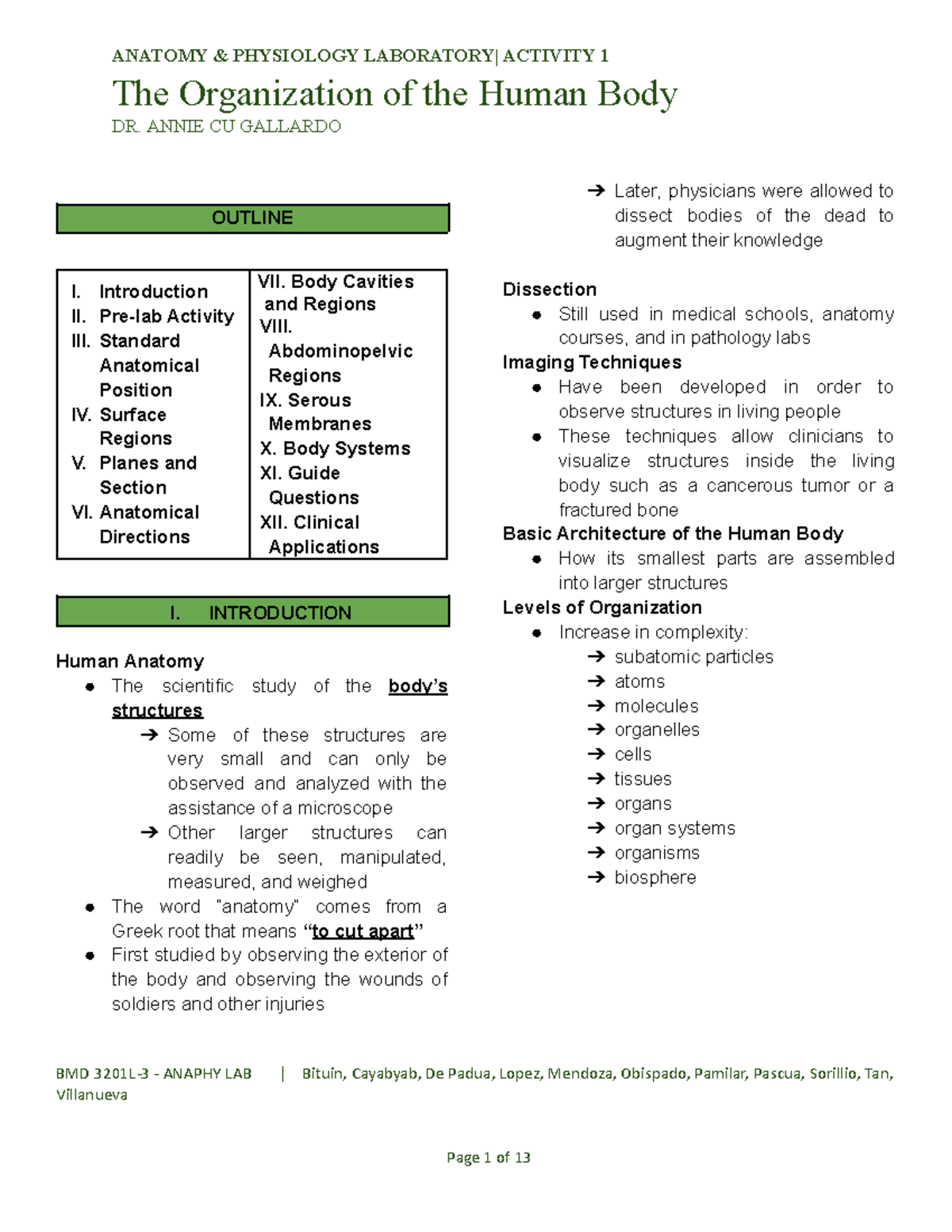 BMD 3201L-3 - ANAPHY LAB Activity 1: Organization of the Human Body ...