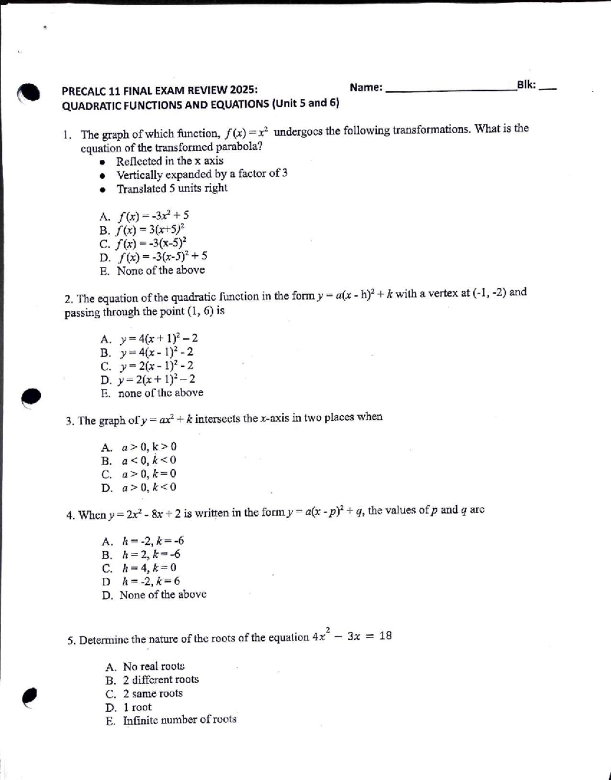 PRECALC 11 FINAL EXAM REVIEW 2025: Quadratic Functions & Equations ...