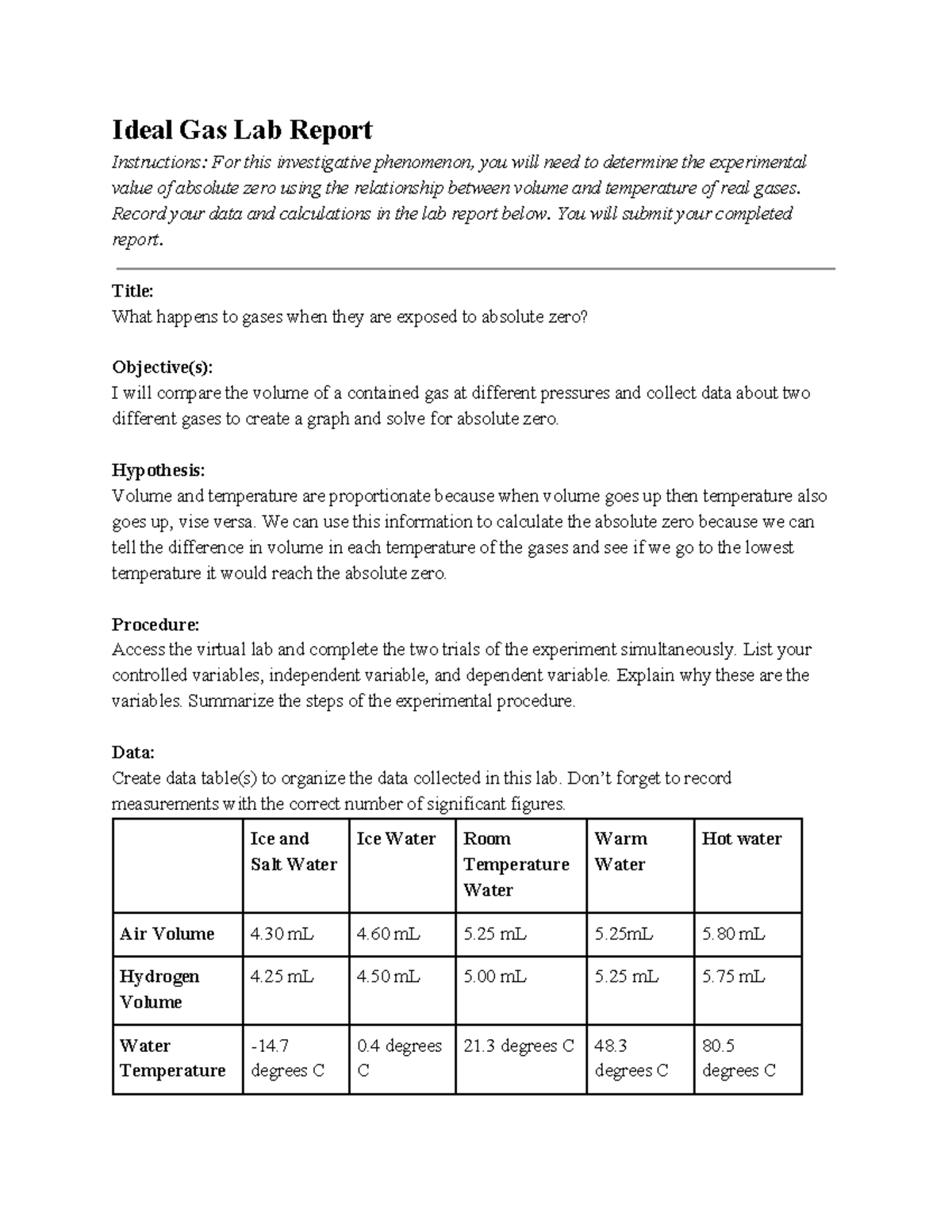Ideal Gas Lab Report - Experimental Value of Absolute Zero Analysis ...