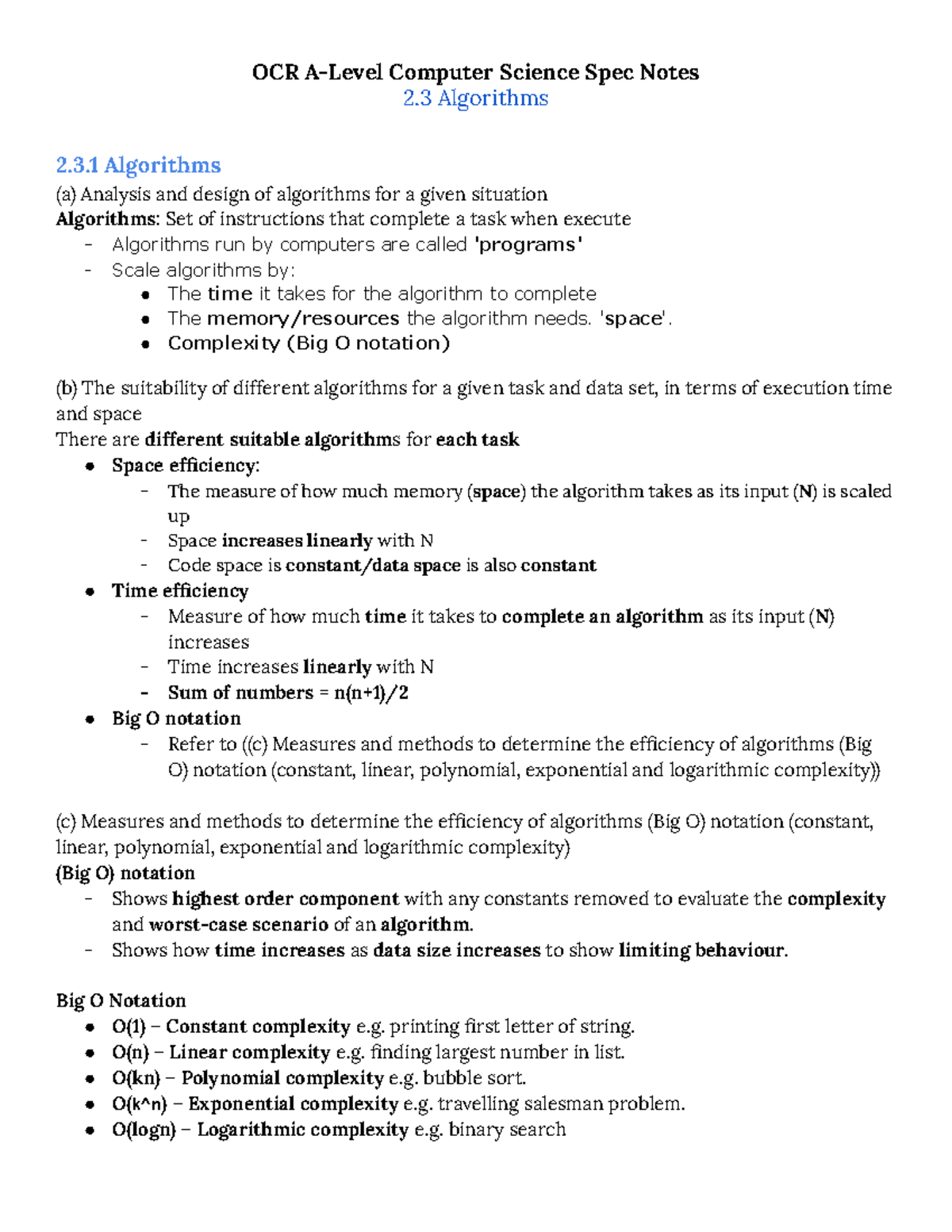 OCR A-Level Computer Science H446: Summary Notes on Algorithms - Studocu