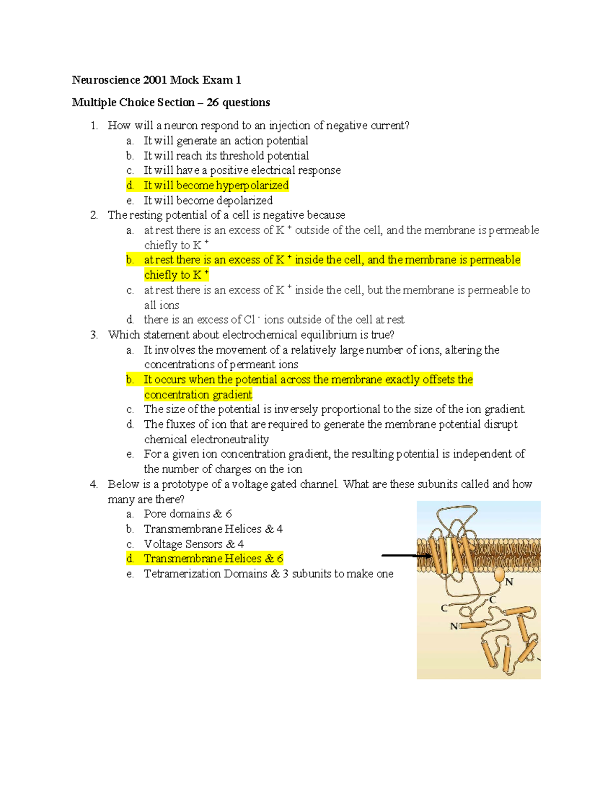 Neuroscience 2001 Mock Exam 1 Answer Key for Multiple Choice Questions ...