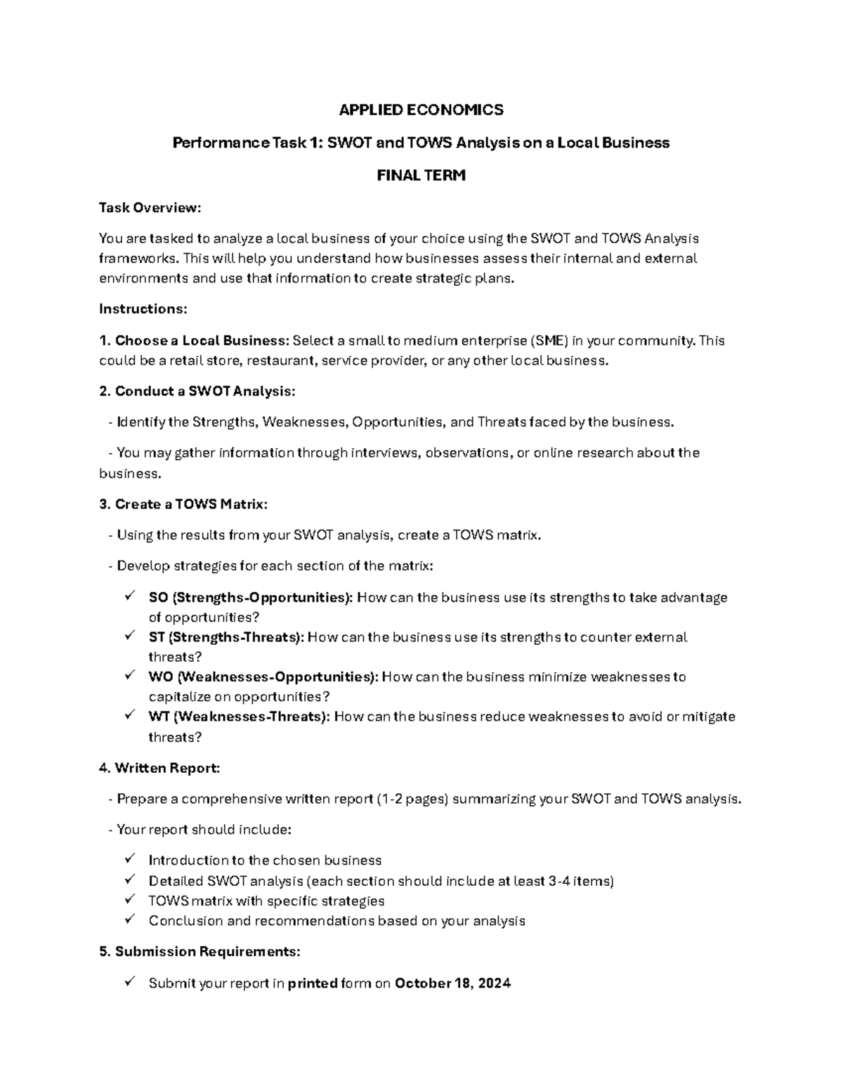 Applied Economics - Performance Task 1: SWOT & TOWS Analysis Final Exam ...