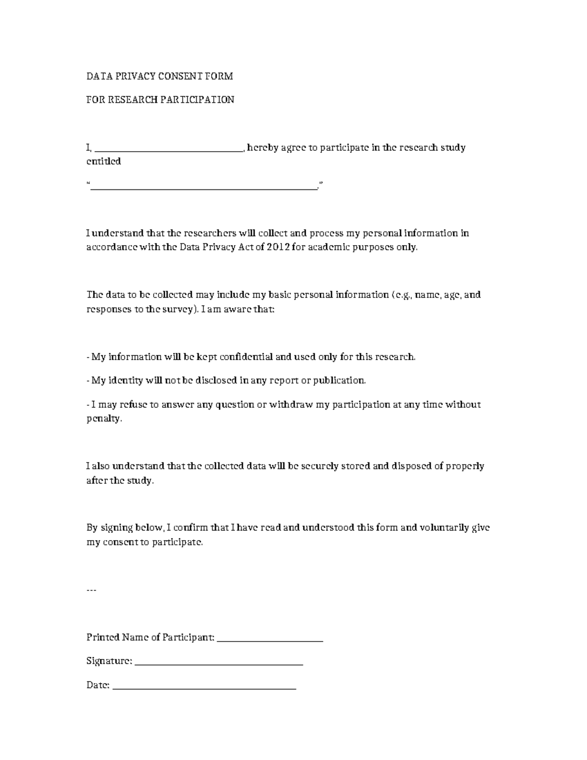 DATA PRIVACY CONSENT FORM FOR RESEARCH PARTICIPATION - Studocu