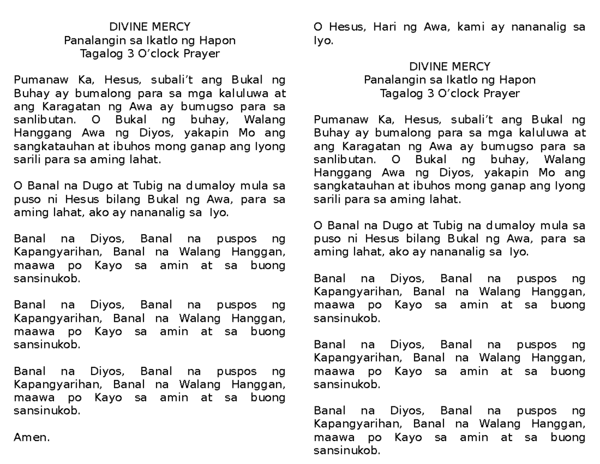 DIVINE MERCY Panalangin sa Ikatlo ng Hapon Tagalog 3 Prayer - Studocu