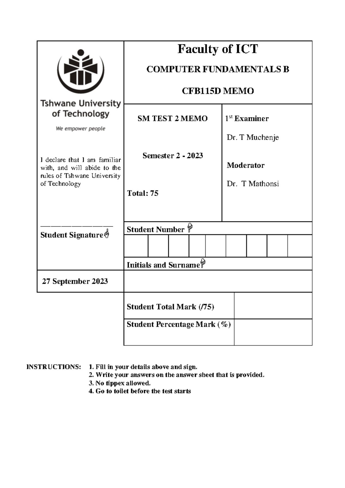 CFB115D Computer Fundamentals Test 2 Memo - Semester 2 2023 - Studocu