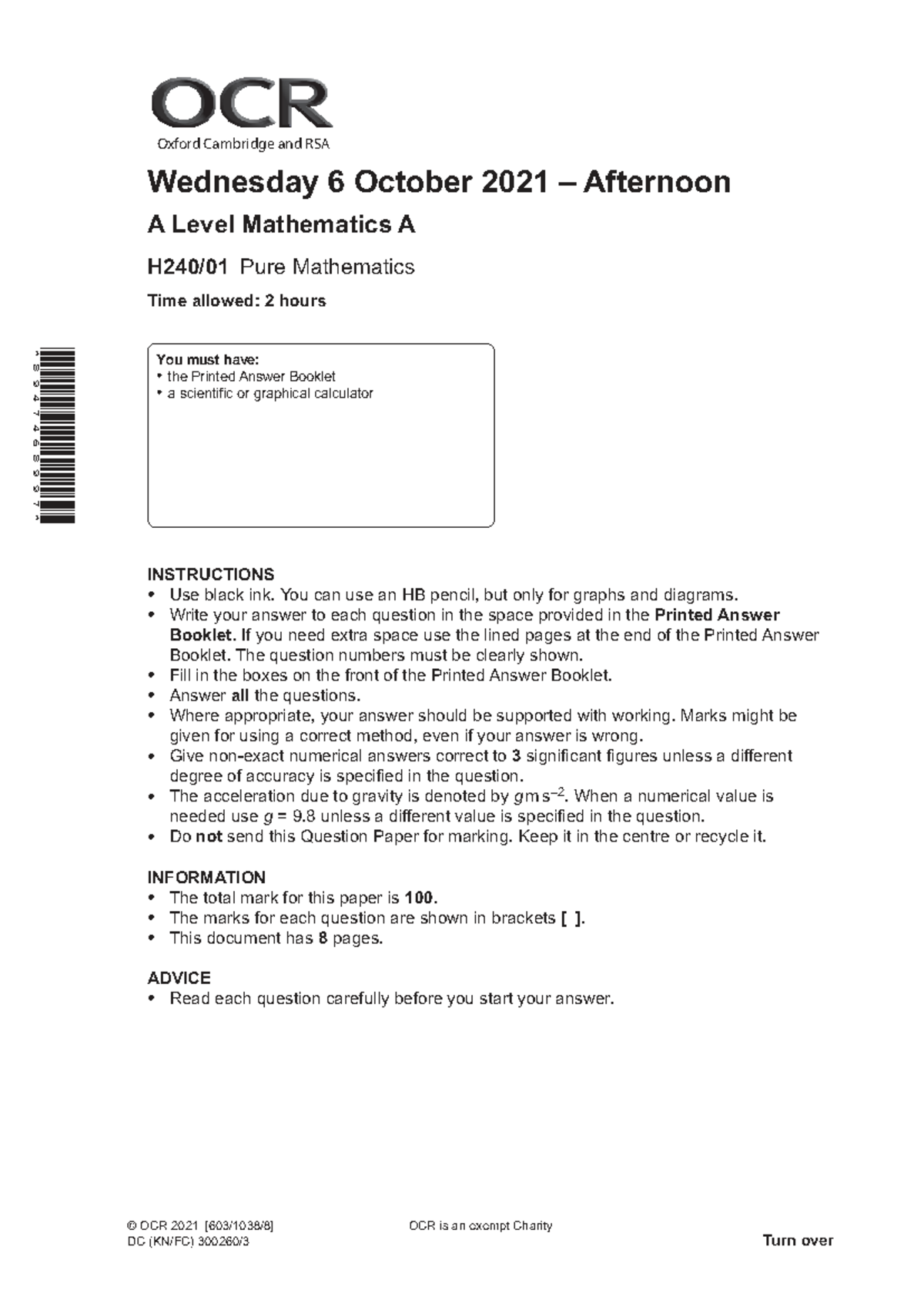 A Level Mathematics A (H240) Pure Mathematics Exam Paper - Oct 2021 ...