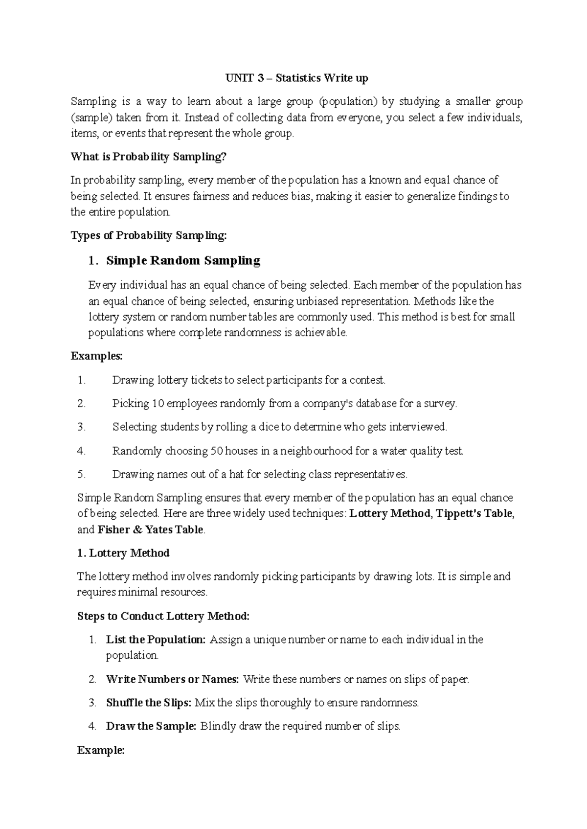 Unit 3 Statistics: Sampling Methods and Hypothesis Testing Notes - Studocu