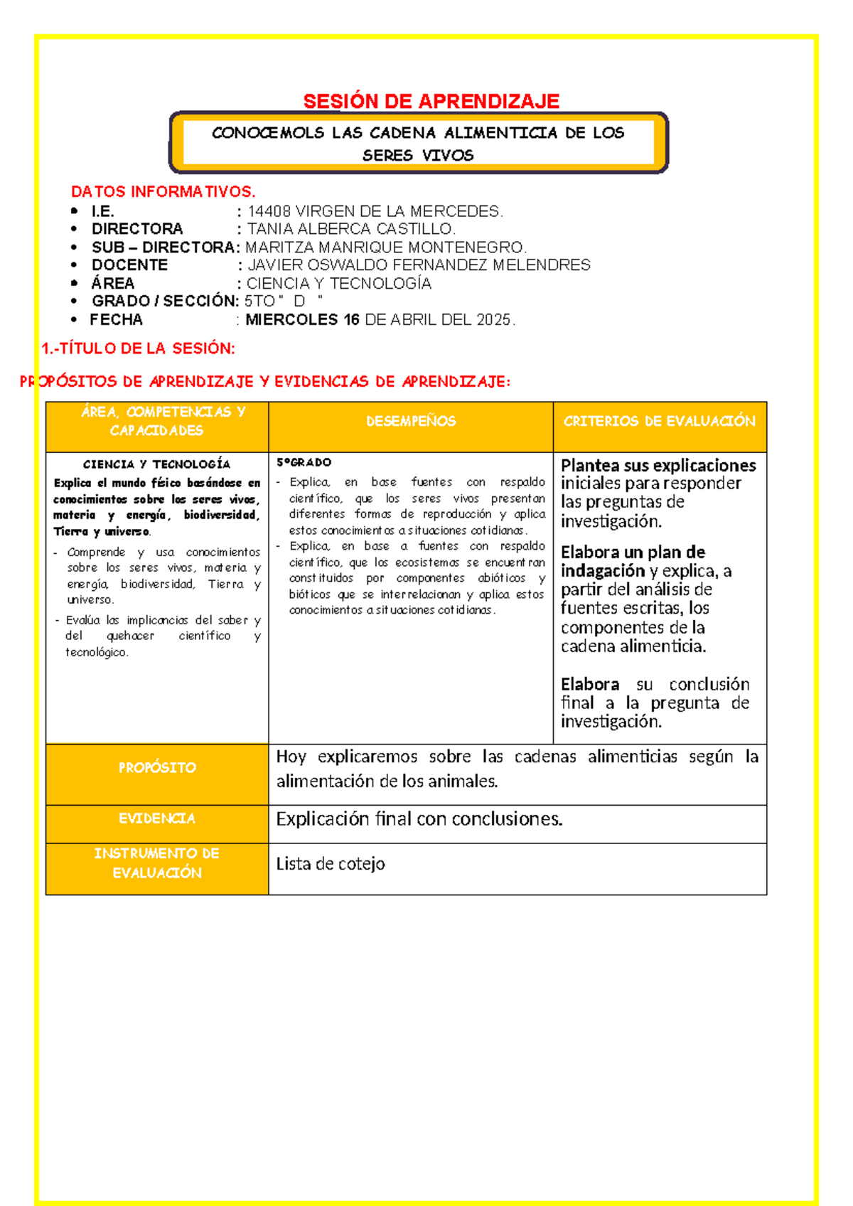 SESION DE APRENDIZAJE: CADENA ALIMENTICIA DE LOS SERES VIVOS - 5TO D ...