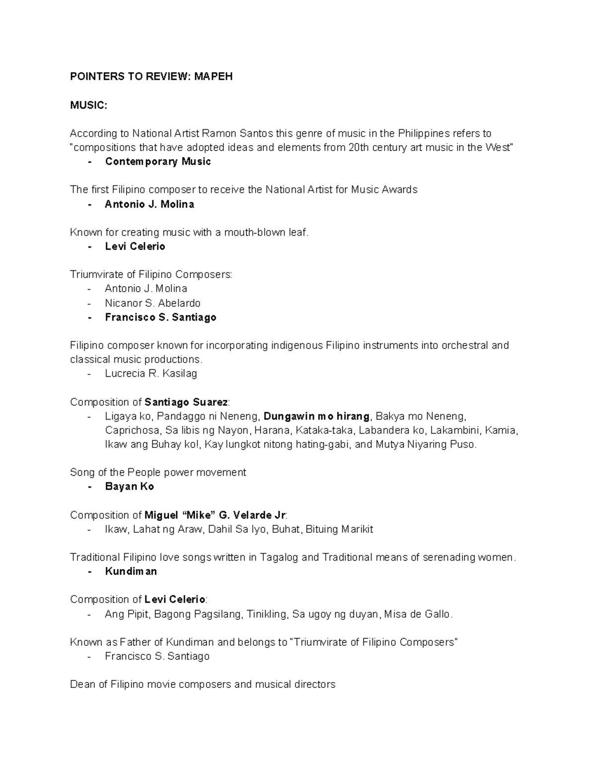 Pointers to Review: MAPEH Music and Arts Overview - Studocu