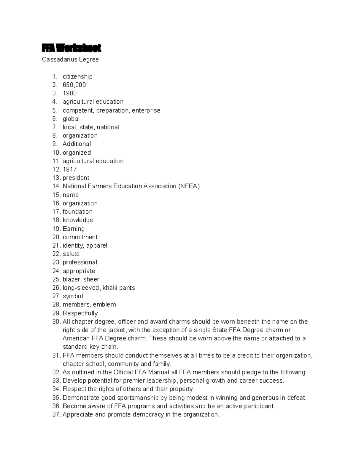 FFA Worksheet - Key Concepts and Membership Essentials - Studocu
