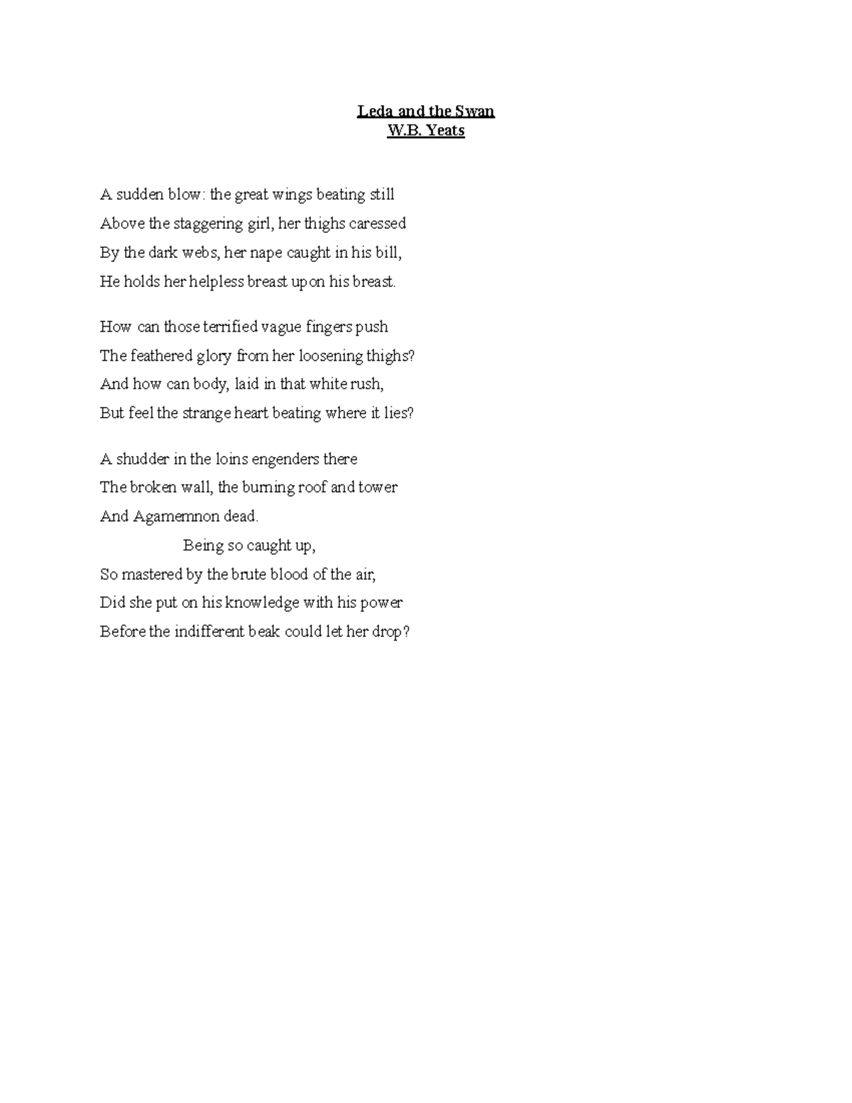 Poems Analysis: Leda and the Swan, The Second Coming, Whitsun Weddings ...