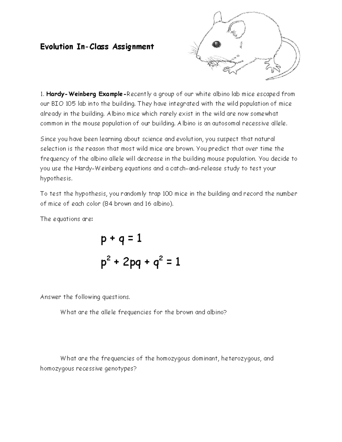 BIO 105 Evolution Assignment 1: Hardy-Weinberg Lab Activity - Studocu