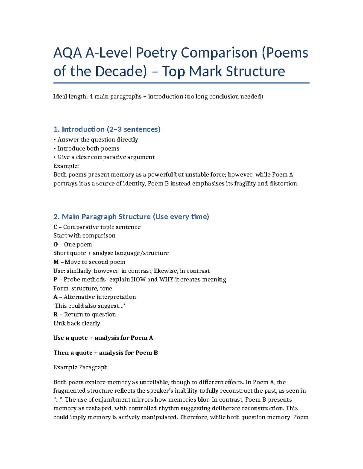 AQA Poetry Comparison Guide: Poems of the Decade Structure - Studocu