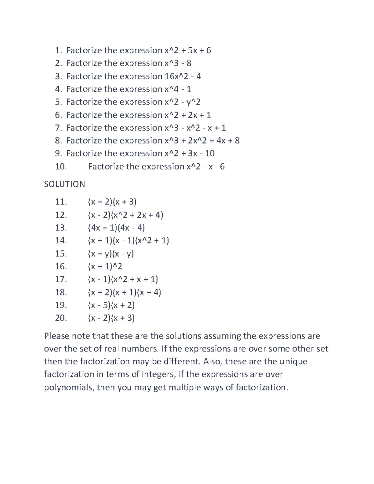 factorization Exercices 1 - Factorize the expression x^2 + 5x + 6 ...