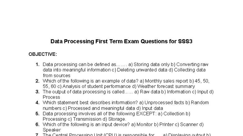 Data Processing SSS3 First Term Exam Questions - Studocu