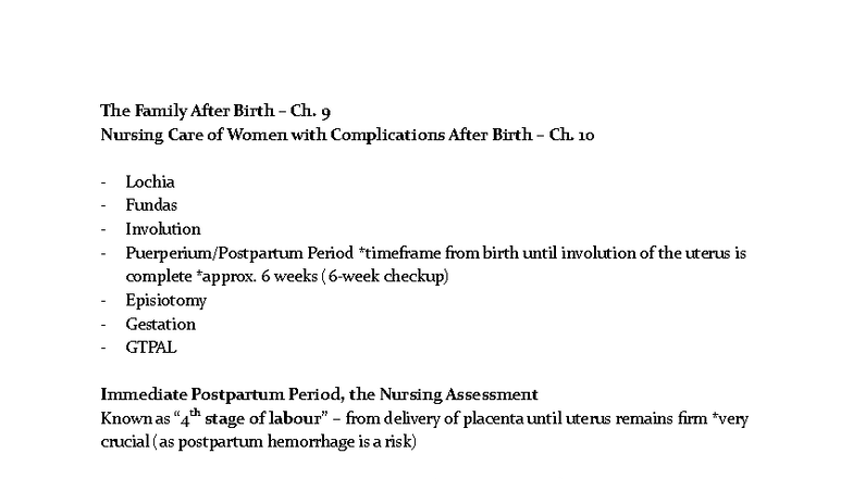 OB & Maternal - Week 4: Nursing Care Post-Birth Complications - Studocu