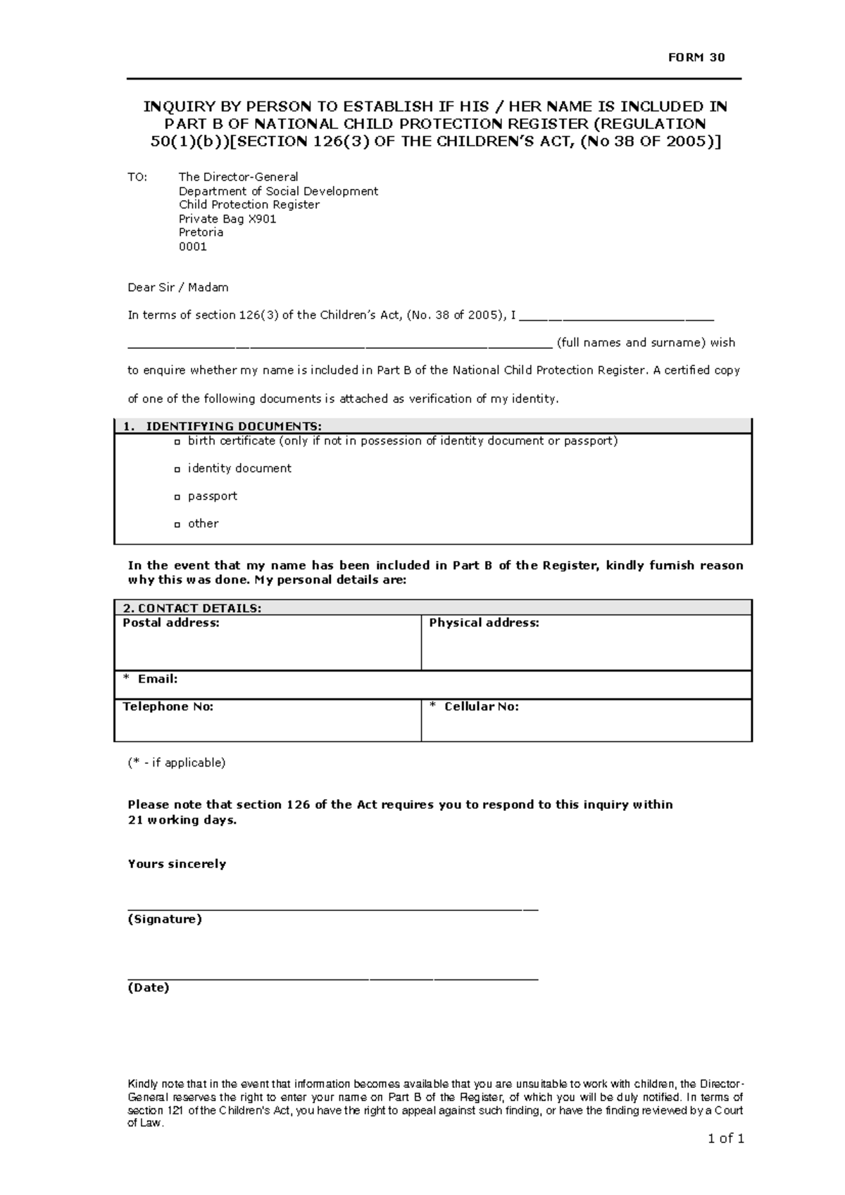 Form 30 Inquiry: National Child Protection Register Application - Studocu