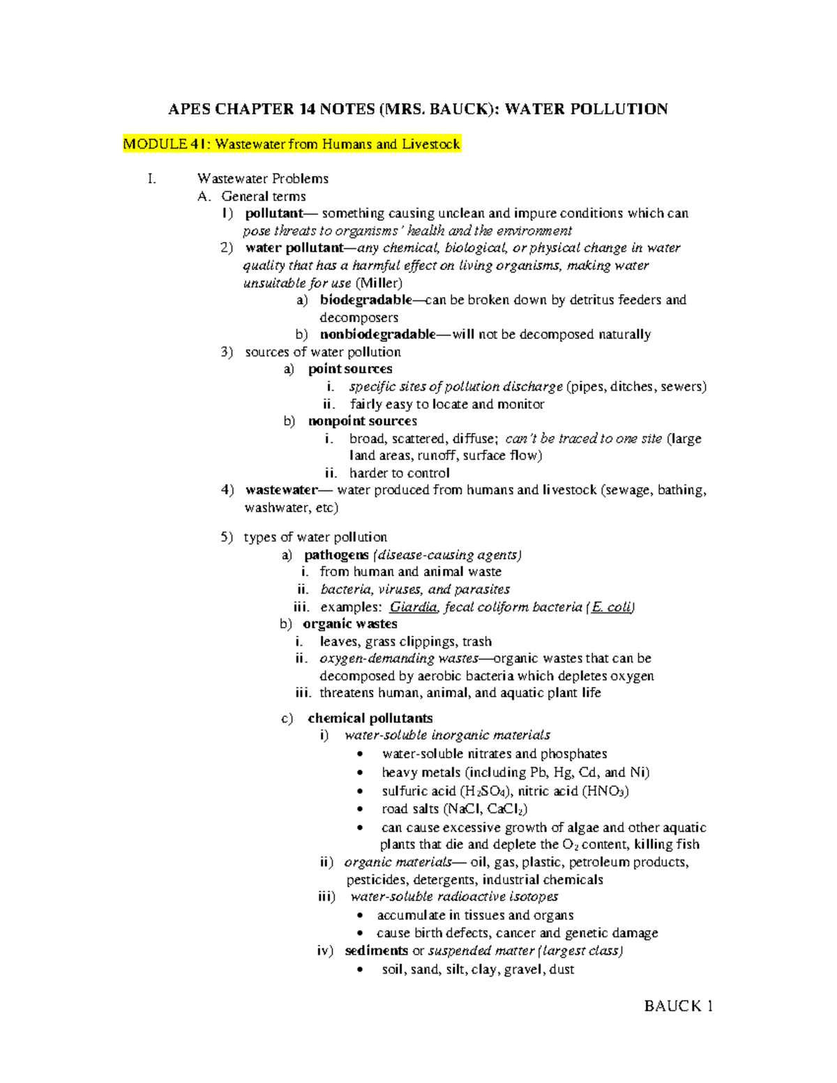 APES CHAPTER 14 NOTES: WATER POLLUTION & WASTEWATER MANAGEMENT - Studocu