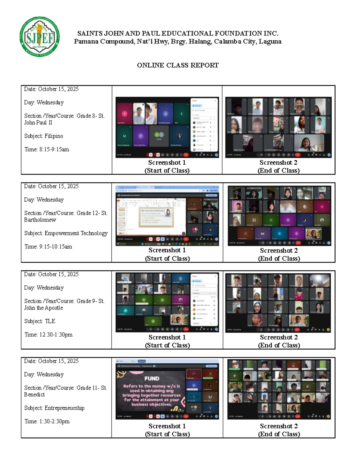 Online Class Report - SAINTS JOHN AND PAUL EDUCATIONAL FOUNDATION INC ...