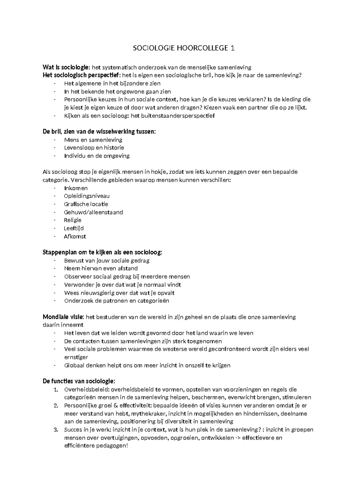 Sociologie hoorcollege 1: Inleiding tot het sociologisch perspectief ...