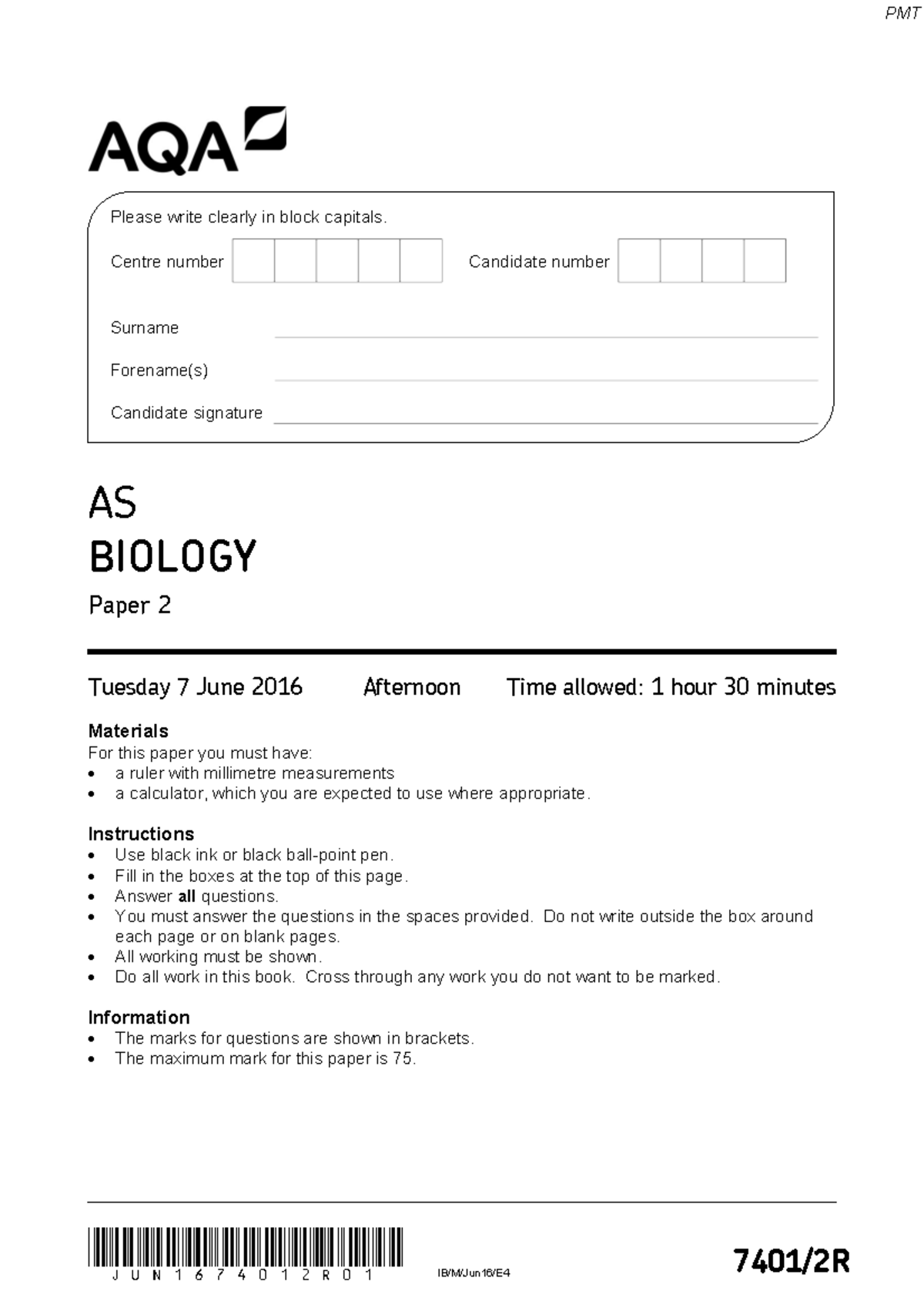 AS BIOLOGY Paper 2 June 2016 Question Paper (QP) - Studocu