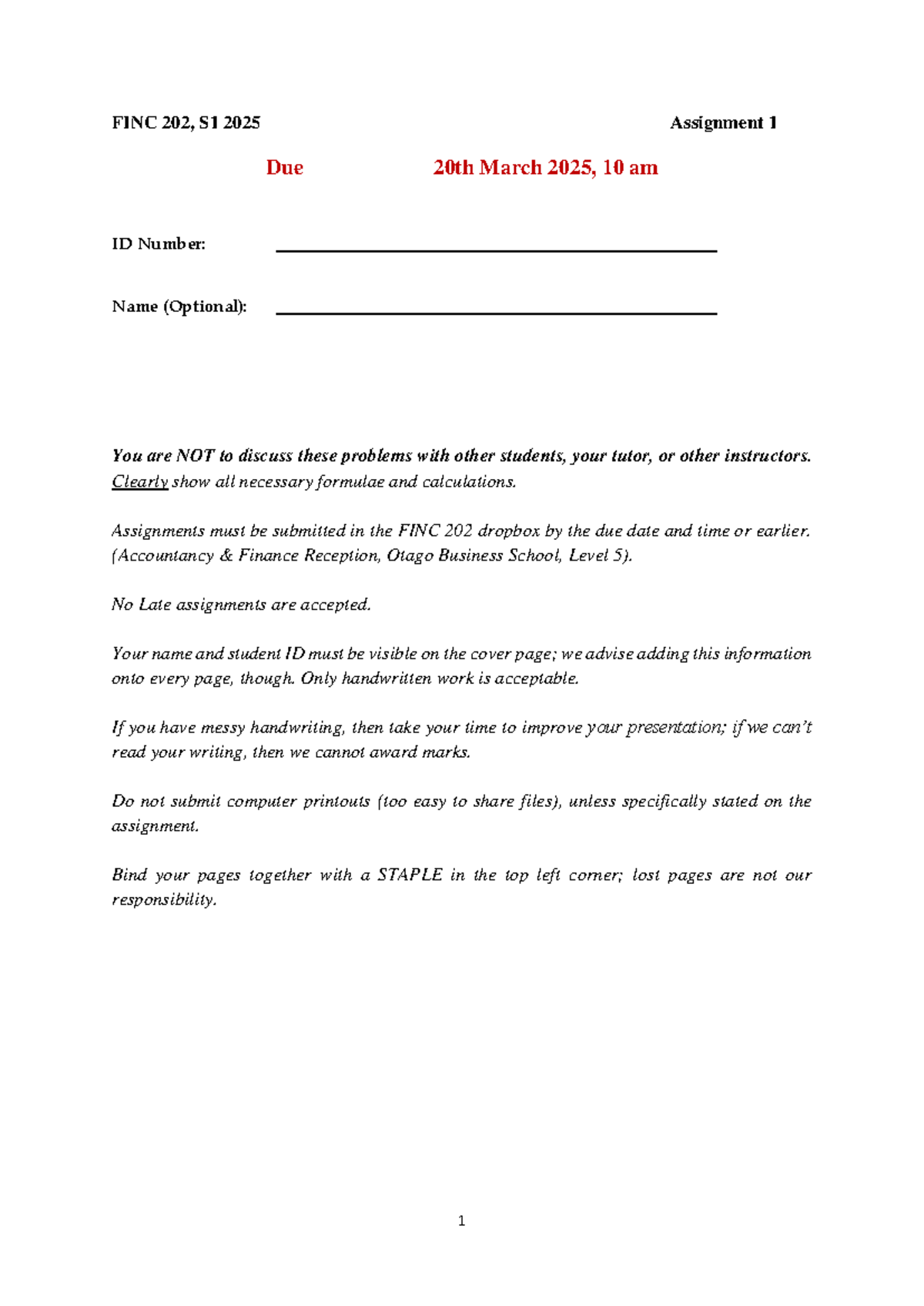 Finc202 Assignment 1 - FINC 202, S1 2025 Assignment 1 Due 2 0th March ...