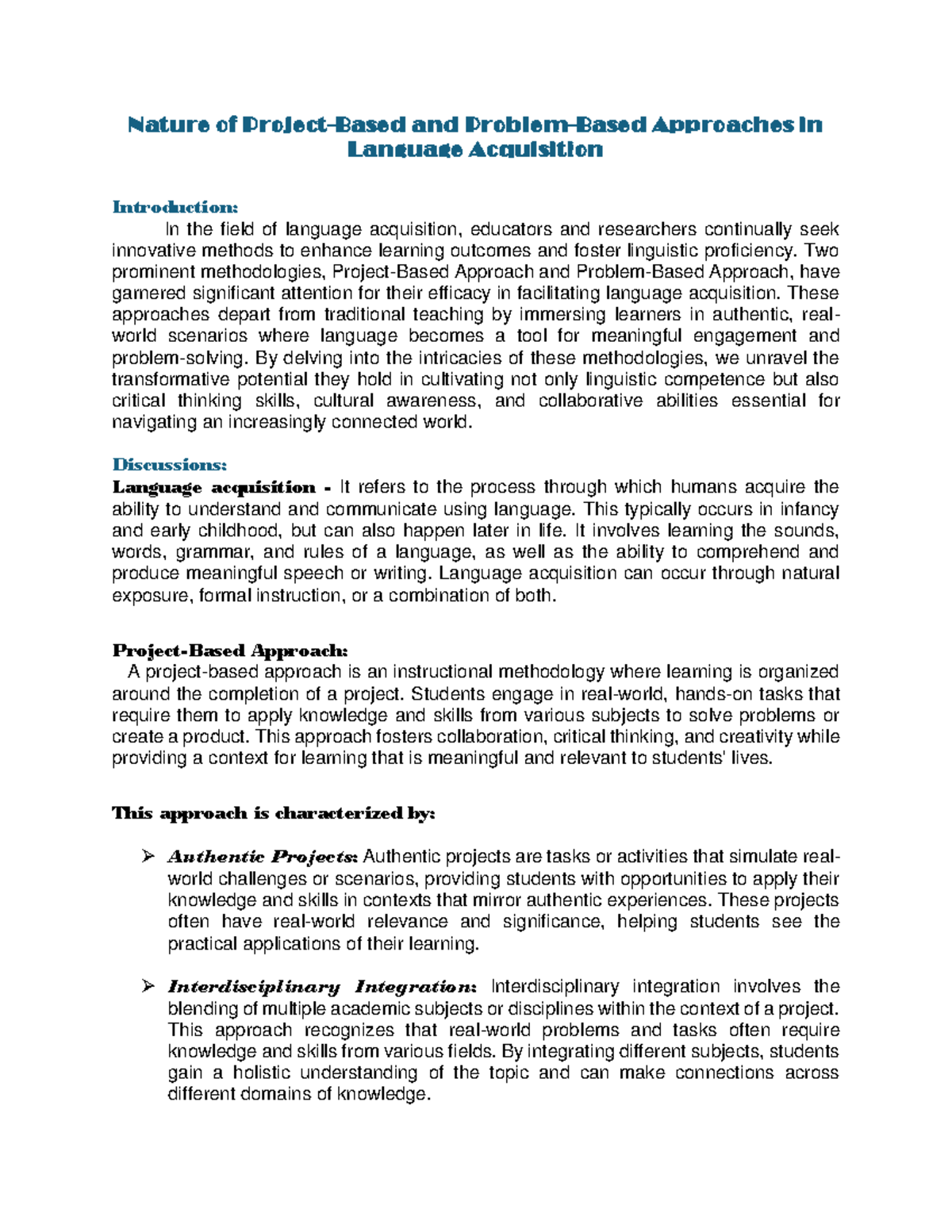 Nature of Project-Based vs Problem-Based Learning in Lang Acquisition - Studocu