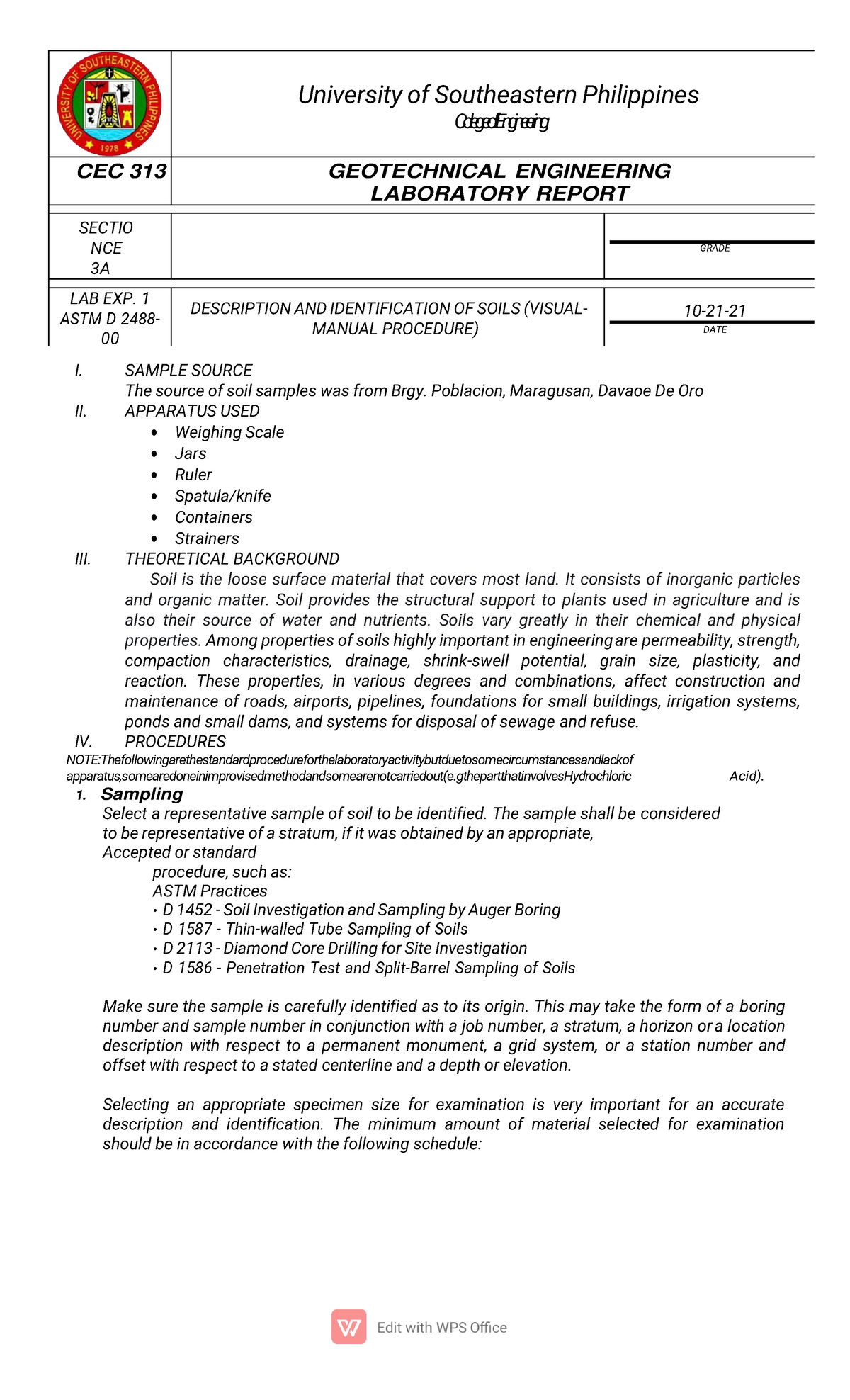 CEC 313 Lab Report 1: Description & Identification of Soils - Studocu