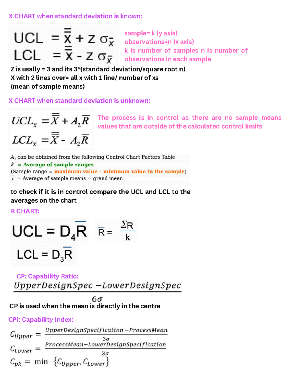 X & R Chart Cheat Sheet for Ops Class - Studocu