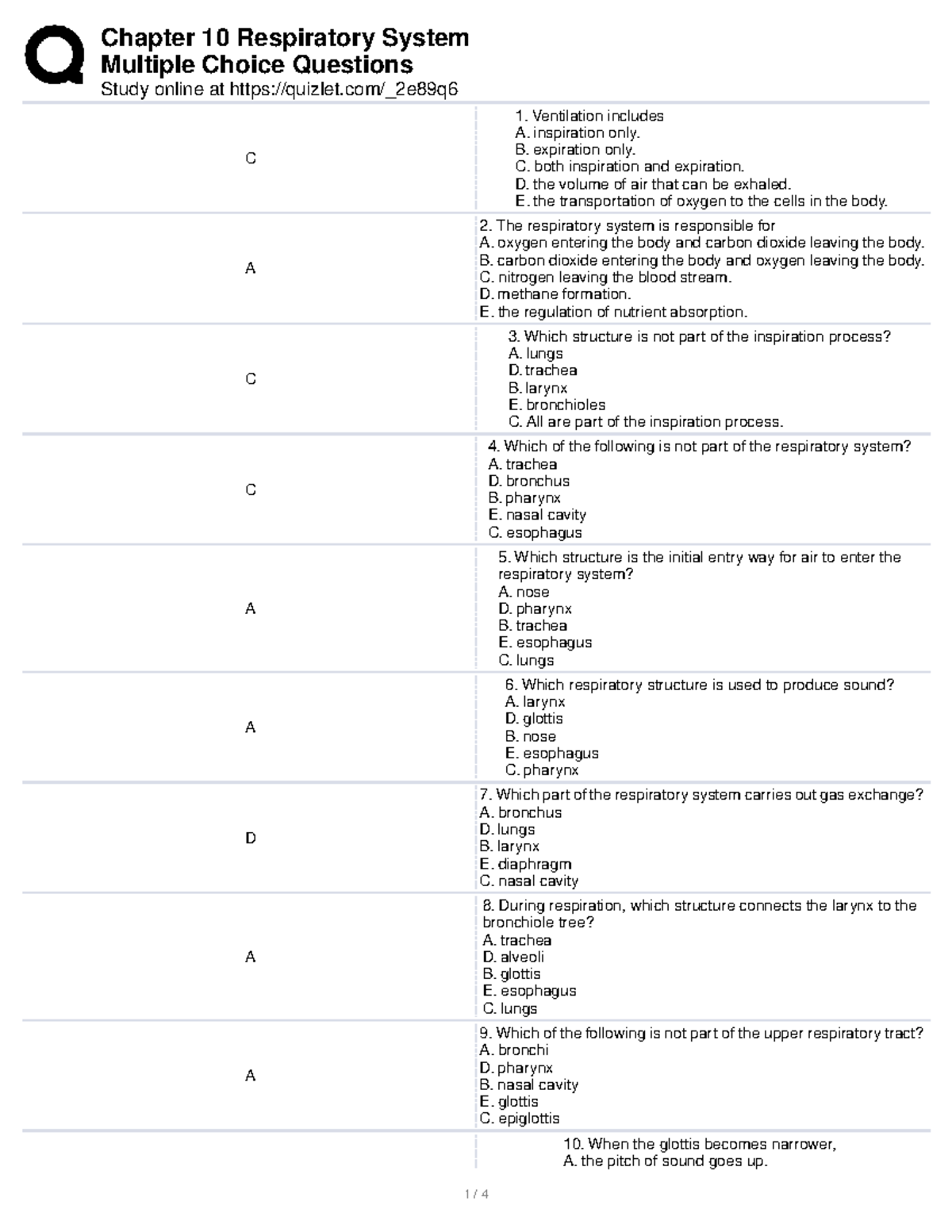 Chapter 10 Respiratory System MCQs Study Guide - Respi 1 - Studocu