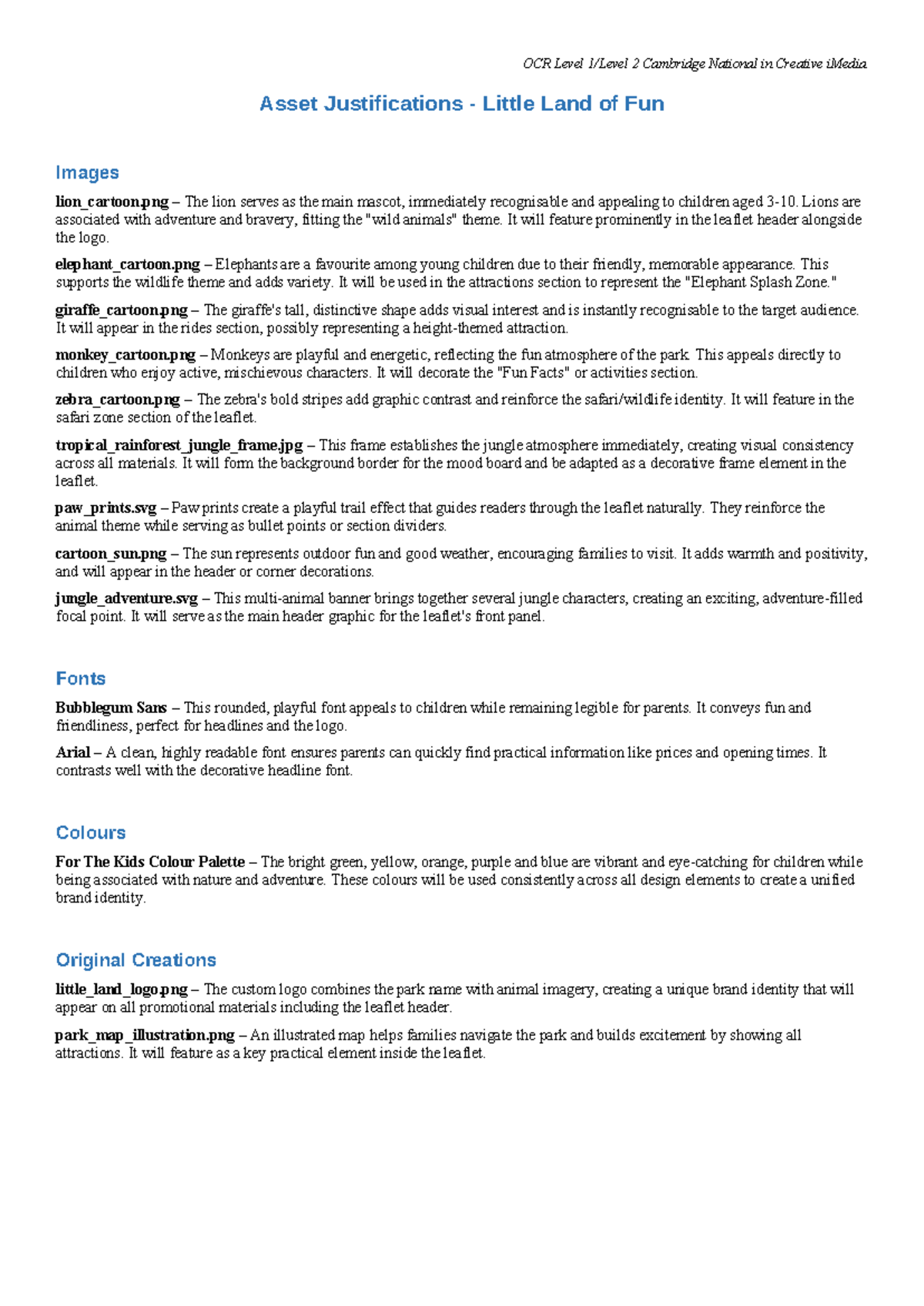 OCR Level 2 Creative iMedia Asset Justifications for Little Land of Fun ...